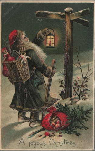 Santa Claus Green Robe With Latern and Toy Sack Christmas Postcard | eBay
