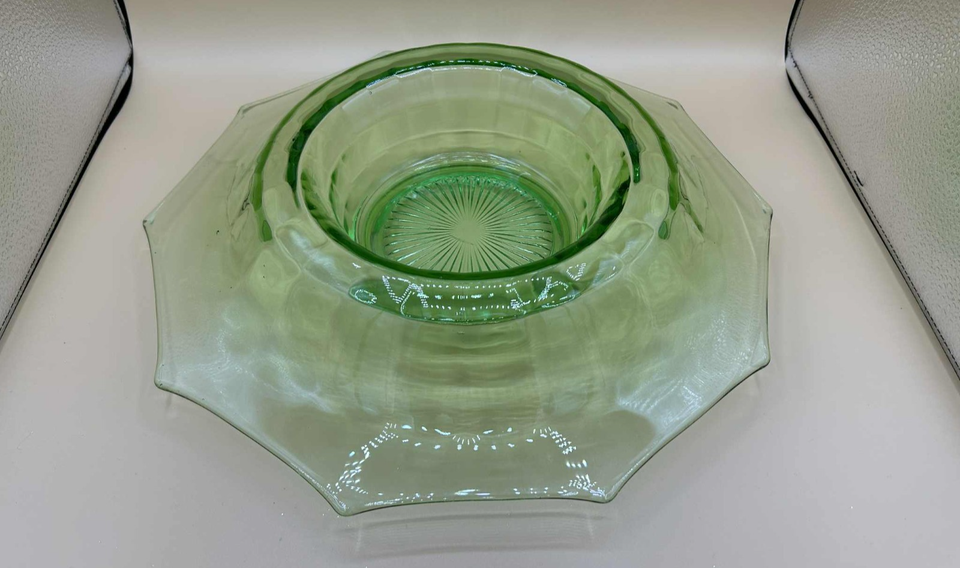 Vtg Green Uranium Depression Glass Console Bowl Decagon Shape Block ...