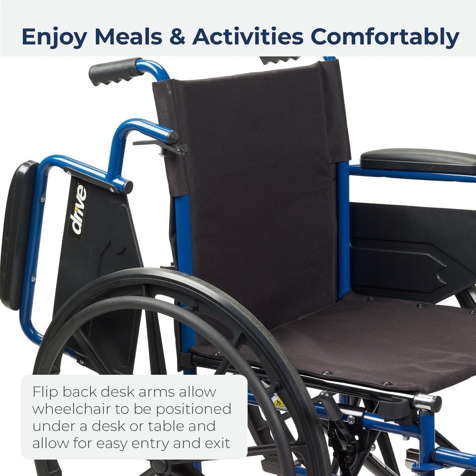 Blue Wheelchair with Flip Back Desk Arms, Elevating Leg Rests, 16 Inch ...