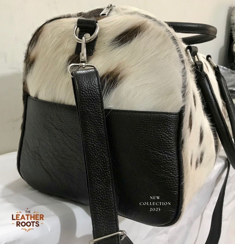Cowhide Leather Duffel Bag | Cow hide Hair On Tricolor Weekender bag ...