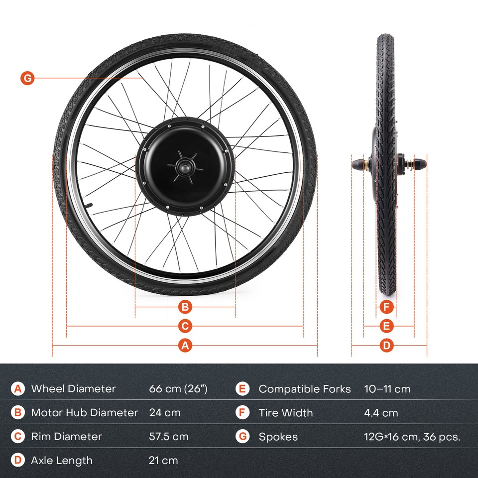 1000W 26" eBike Front Wheel Conversion Kit 48V Motor Electric Bike 1000 ...
