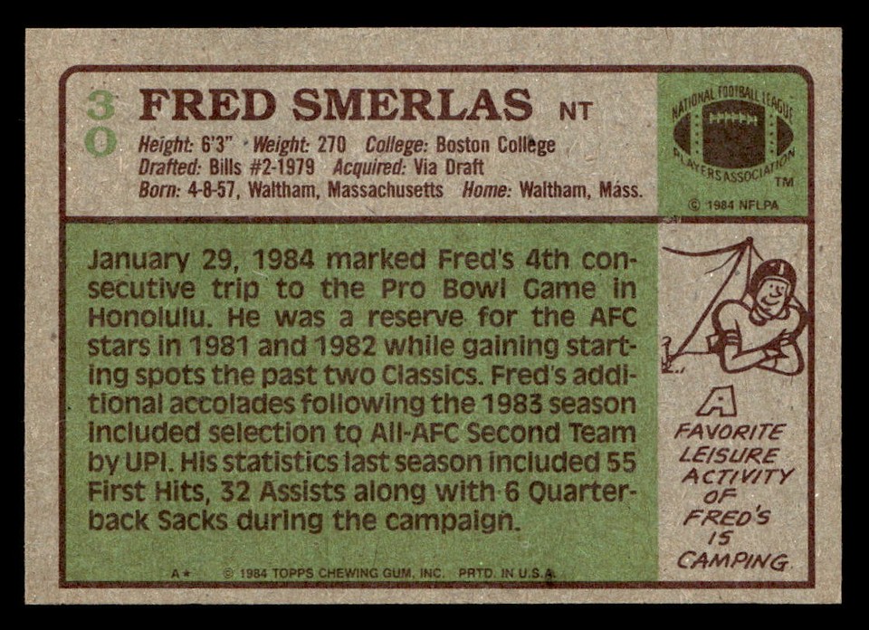 Fred Smerlas 1984 Topps Card #30 Buffalo Bills | eBay