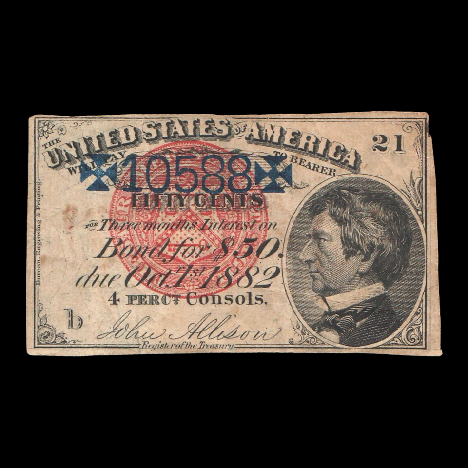 1882 $50 Fifty Dollar Consol Bond 50c Fifty Cent 4% Quarterly Interest ...