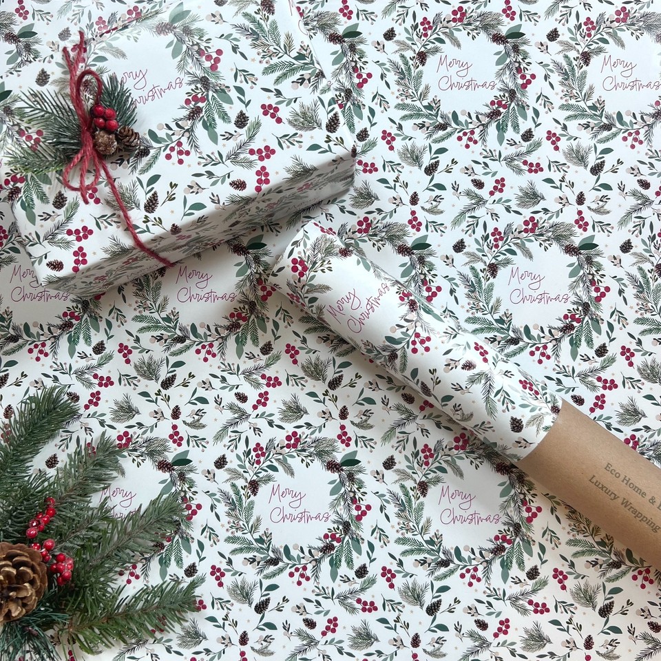 Christmas Wrapping Paper Mistletoe & Berry Wreath Gift Wrap Printed ...