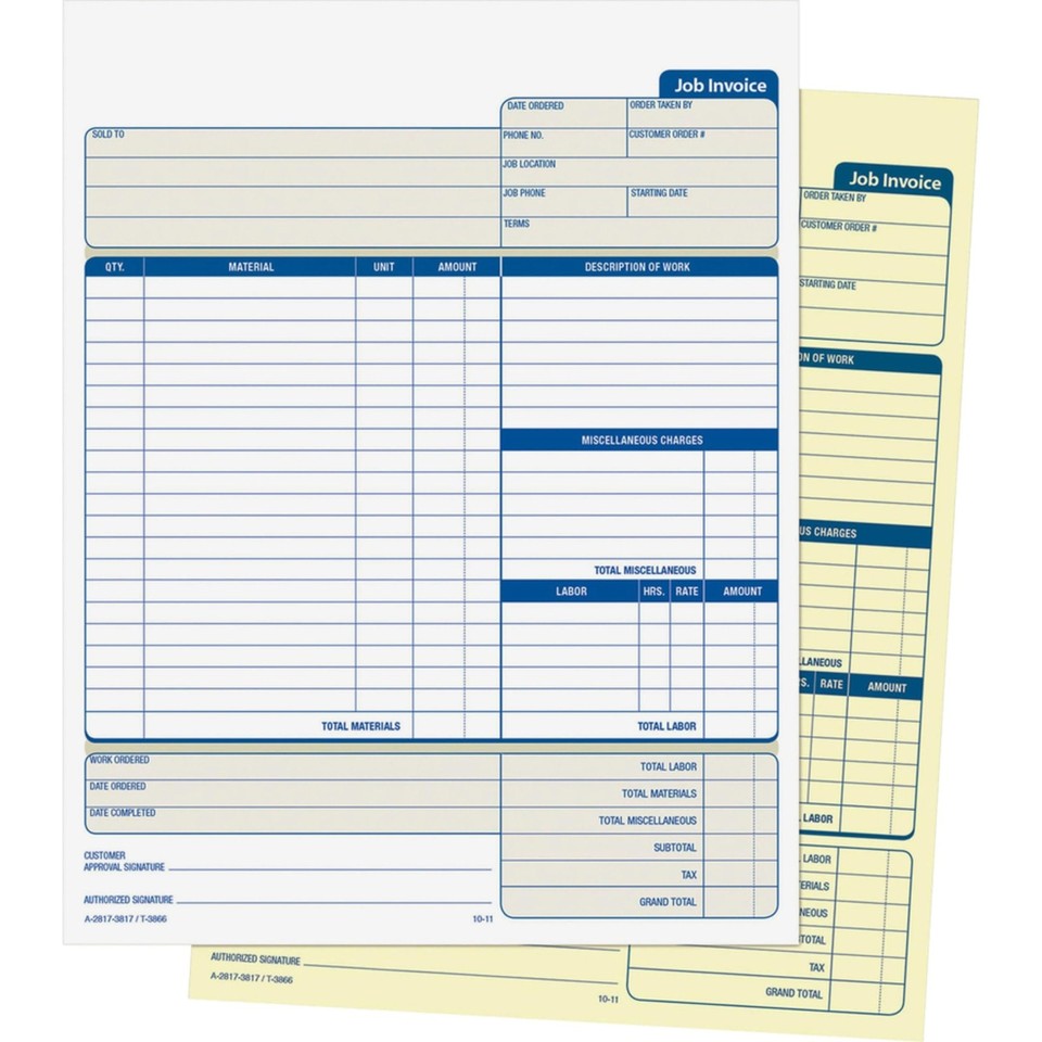 Adams Job Invoice Forms, 2-Part Carbonless, for Service and Repair ...