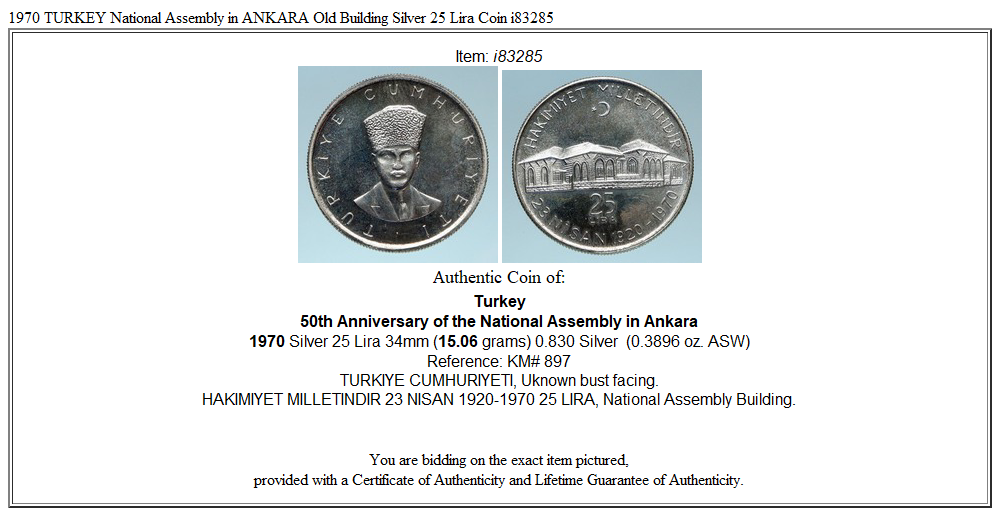 1970 TURKEY National Assembly in ANKARA Old Building Silver 25 Lira ...