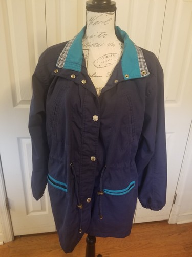 Basic Editions Jacket M Navy Blue & Teal Trim Snap Closure Drawstring ...
