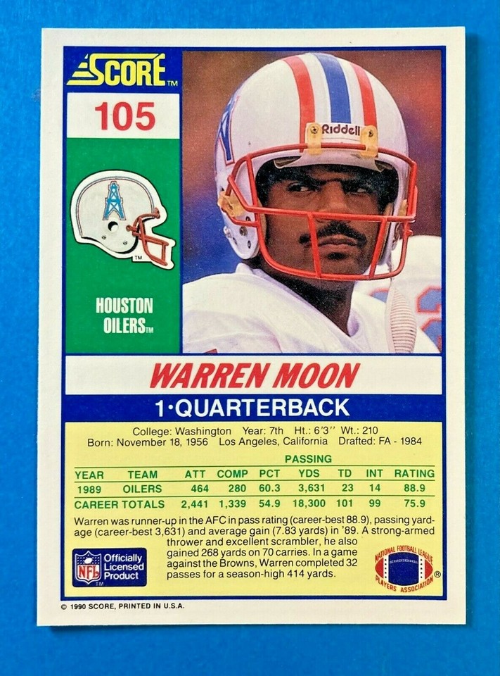 1990 Score Warren Moon #105 Football Card Houston Oilers (MVP/9x PB/HOF ...