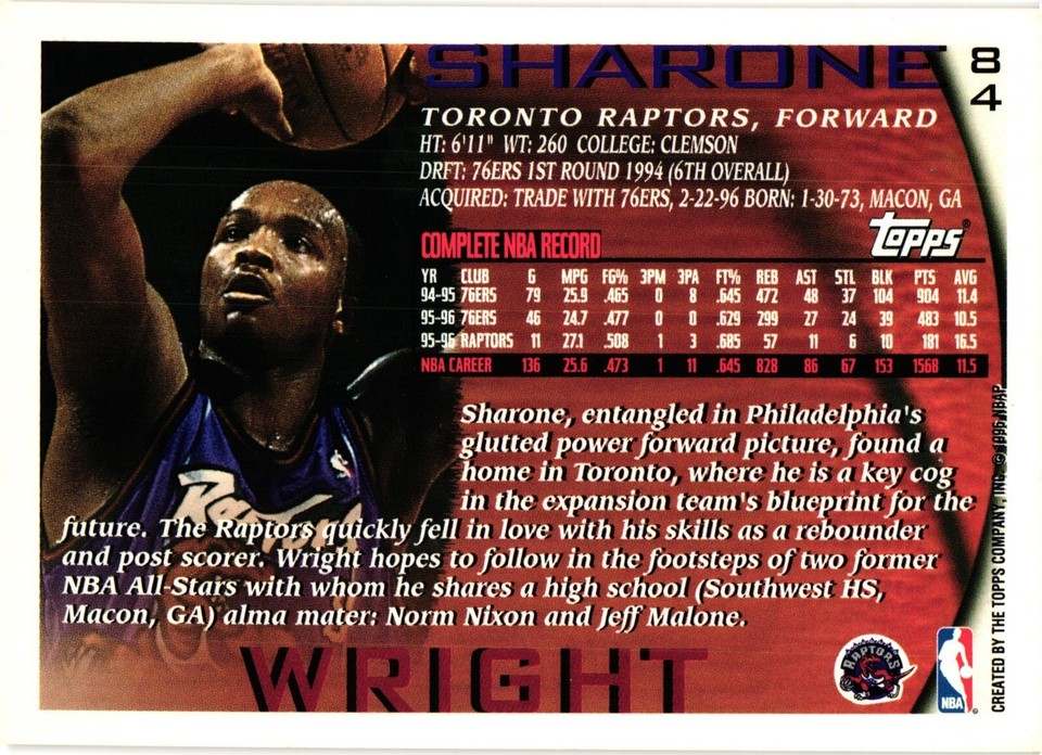 1996-97 Topps #84 Sharone Wright Toronto Raptors Basketball Card | eBay