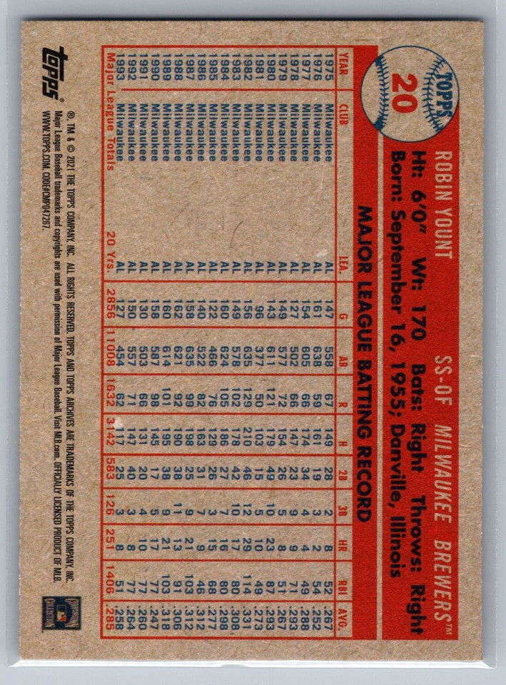 2021 Topps Archives '57 Baseball #20 Robin Yount HOF Milwaukee Brewers ...