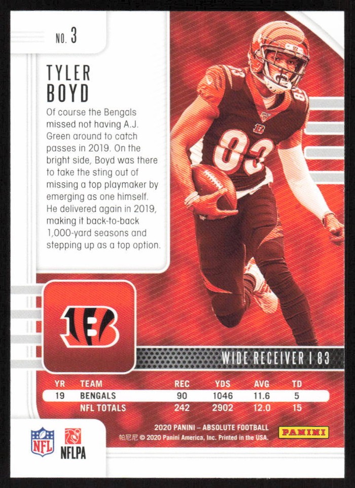 2020 Panini Absolute Tyler Boyd #3 Cincinnati Bengals | eBay
