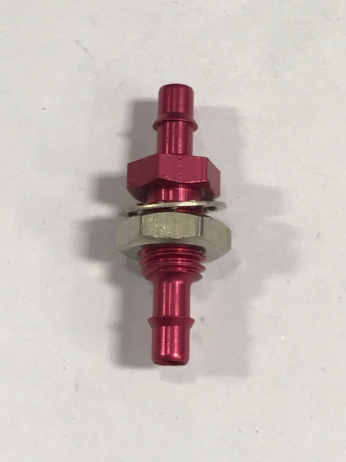 Red anodized aluminum bulkhead fitting, 1/4-28 UNF thread to 1/8 ID ...