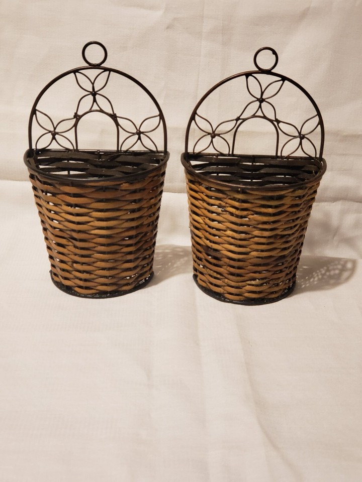 Pair of Vintage Metal and Wicker Wall Pockets Decor | eBay