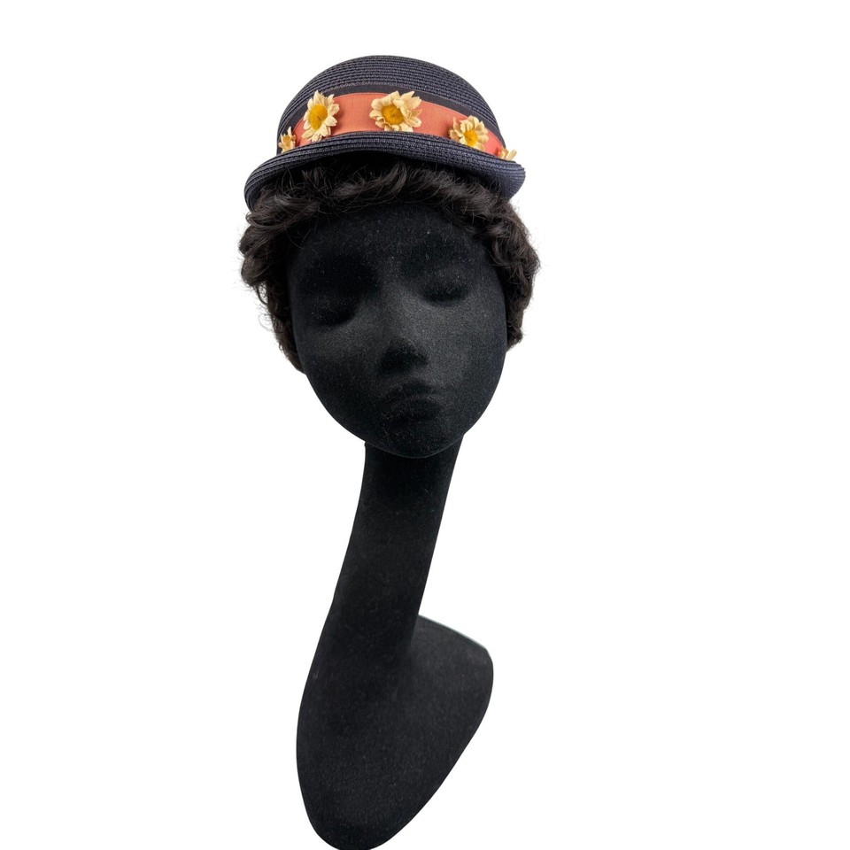 Vintage Michael Roy Womens Navy Blue Straw Hat Coral Ribbon Flowers ...