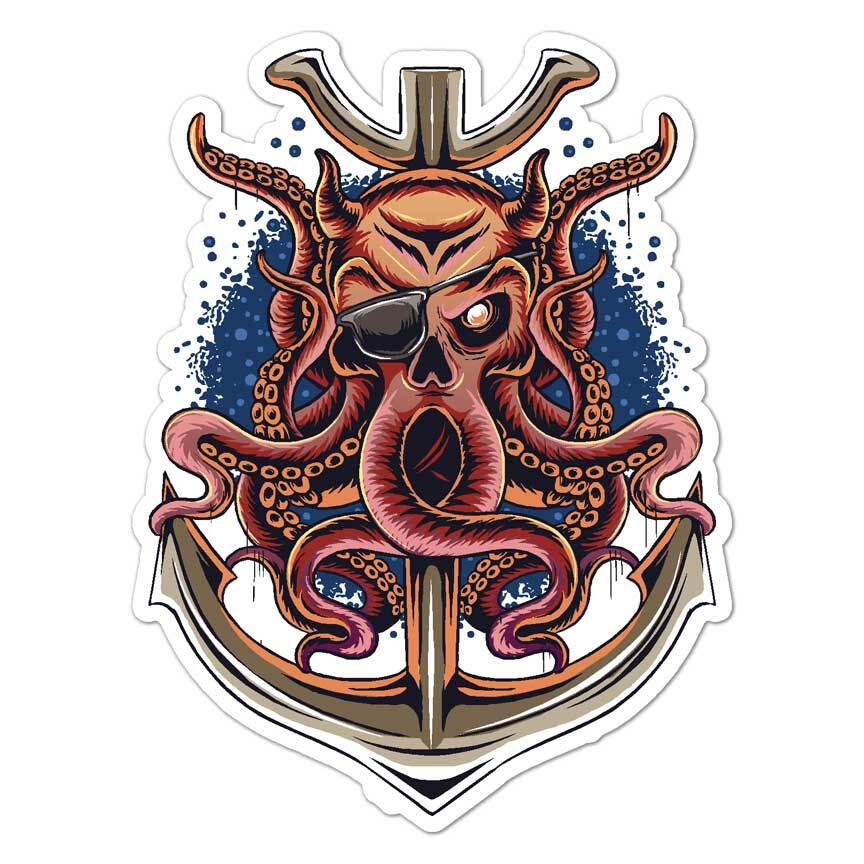Octopus And Anchor Drawing Sticker A Anchor And Octopus On Waves