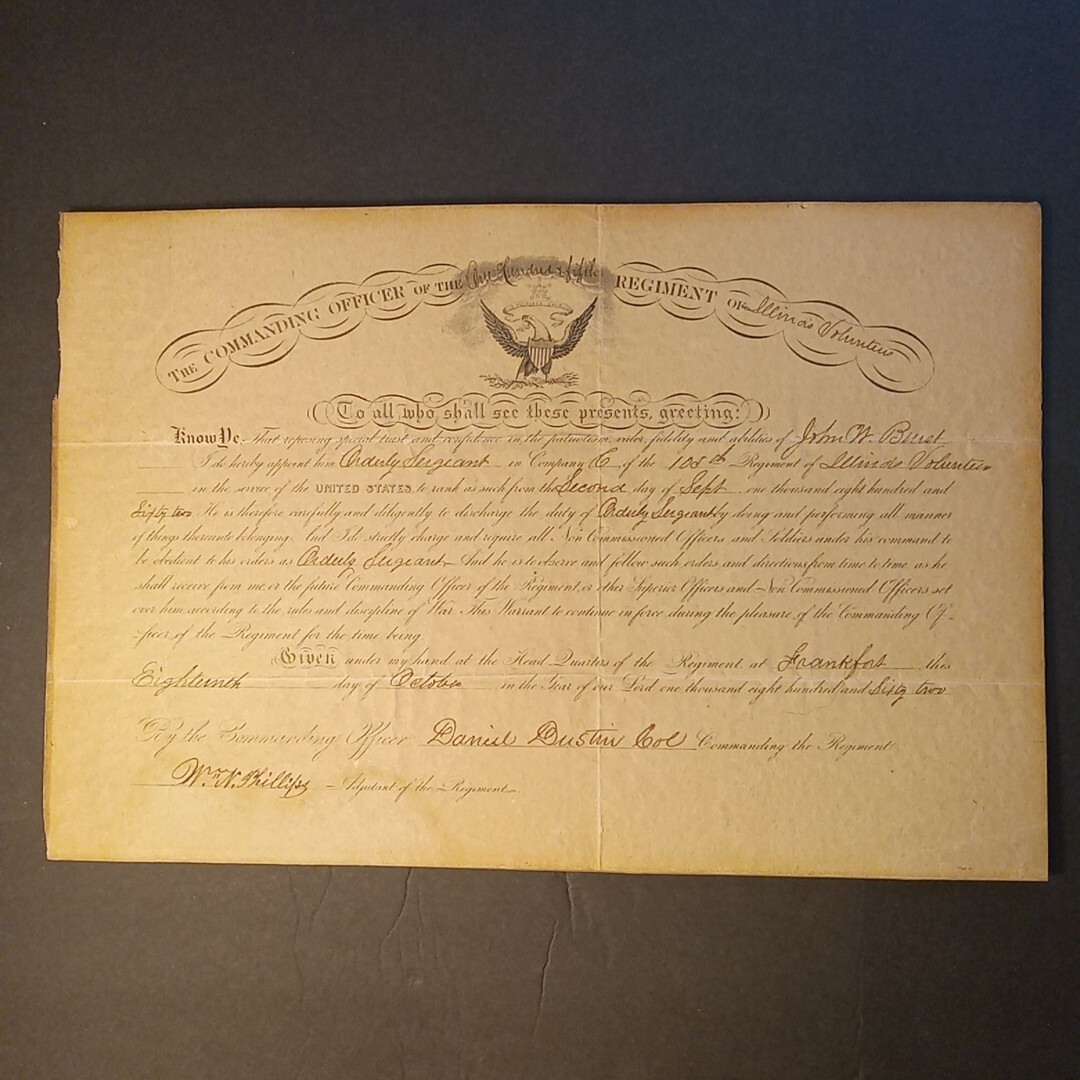 Civil War Promotion Warrant To Orderly Sergeant Of Co. C. 105TH ...