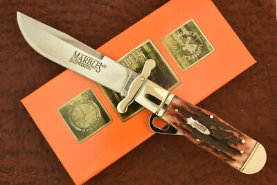 MARBLES AMBER STAGBONE BONE STAG JUMBO SAFETY FOLDING HUNTER KNIFE NICE ...