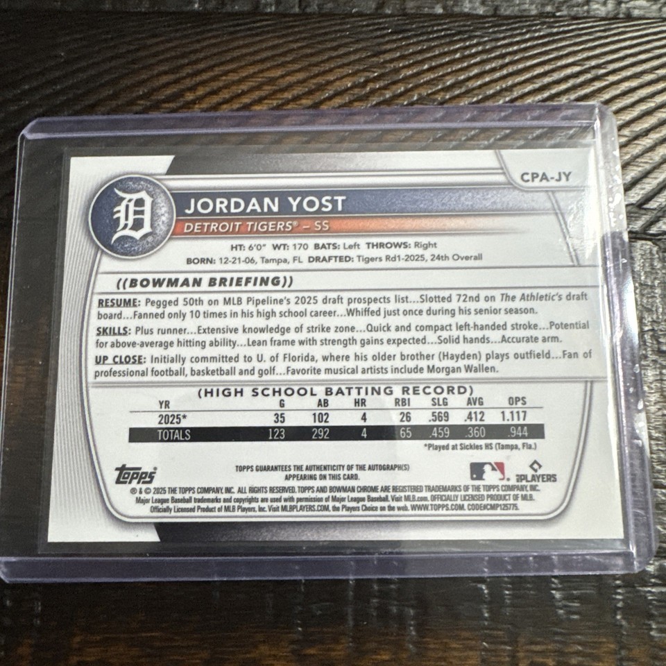 Jordan Yost 2025 Bowman Draft 1st Sparkle Refractor Auto /71 Tigers SP ...
