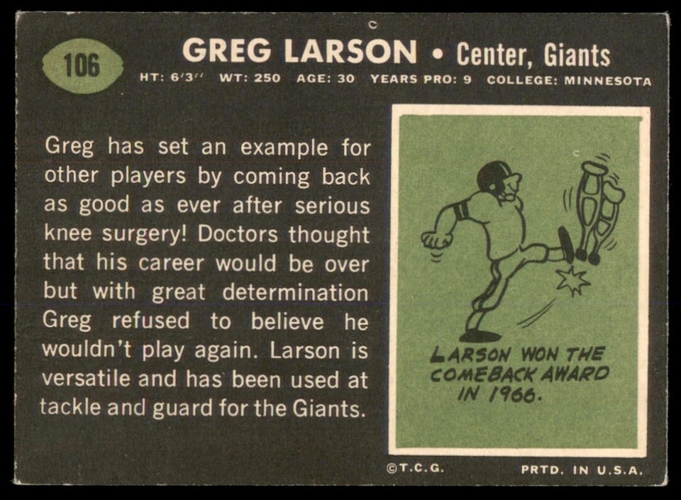 1969 Topps Football Greg Larson (A) New York Giants #106 | eBay