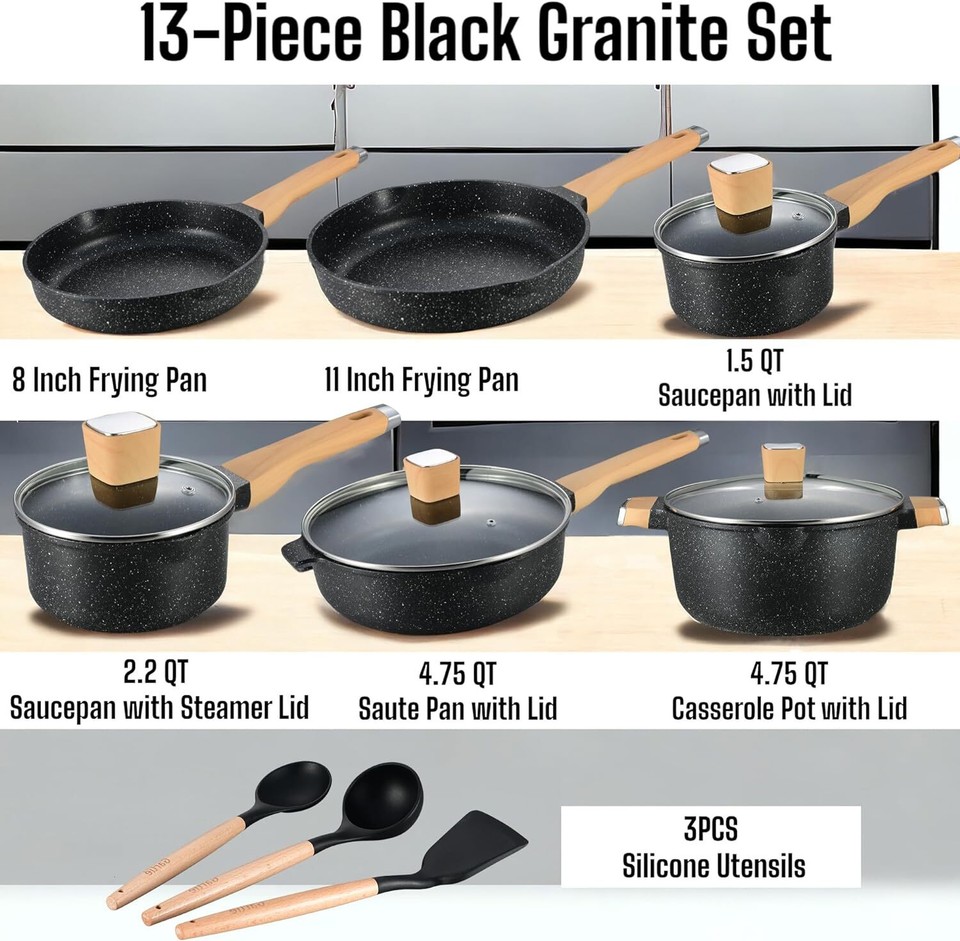 13pcs Pots and Pans Set, Nonstick Granite Set Cookware Kitchen Cooking ...