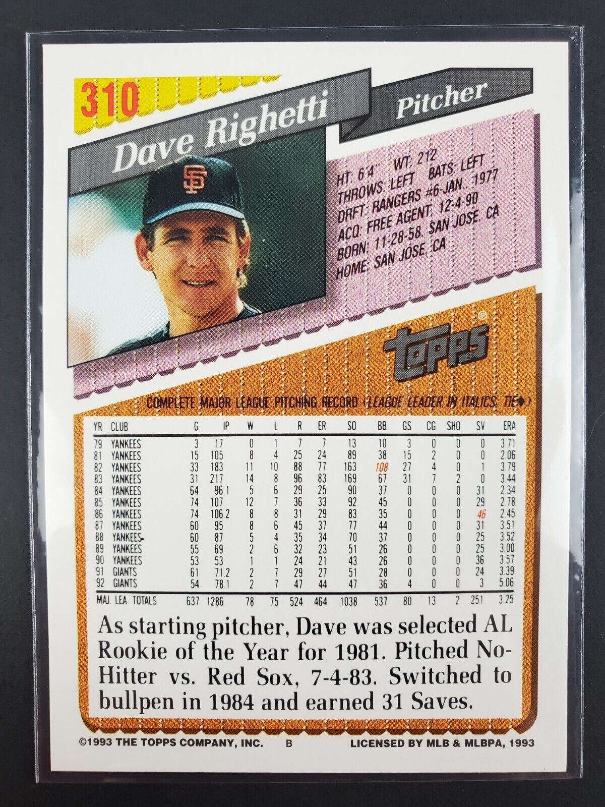 1993 Topps Dave Righetti San Francisco Giants #310 | eBay