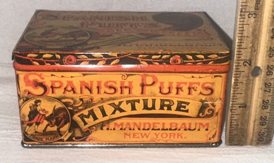 ANTIQUE SPANISH PUFFS MIXTURE TIN LITHO TOBACCO CAN BULL MATADOR H ...