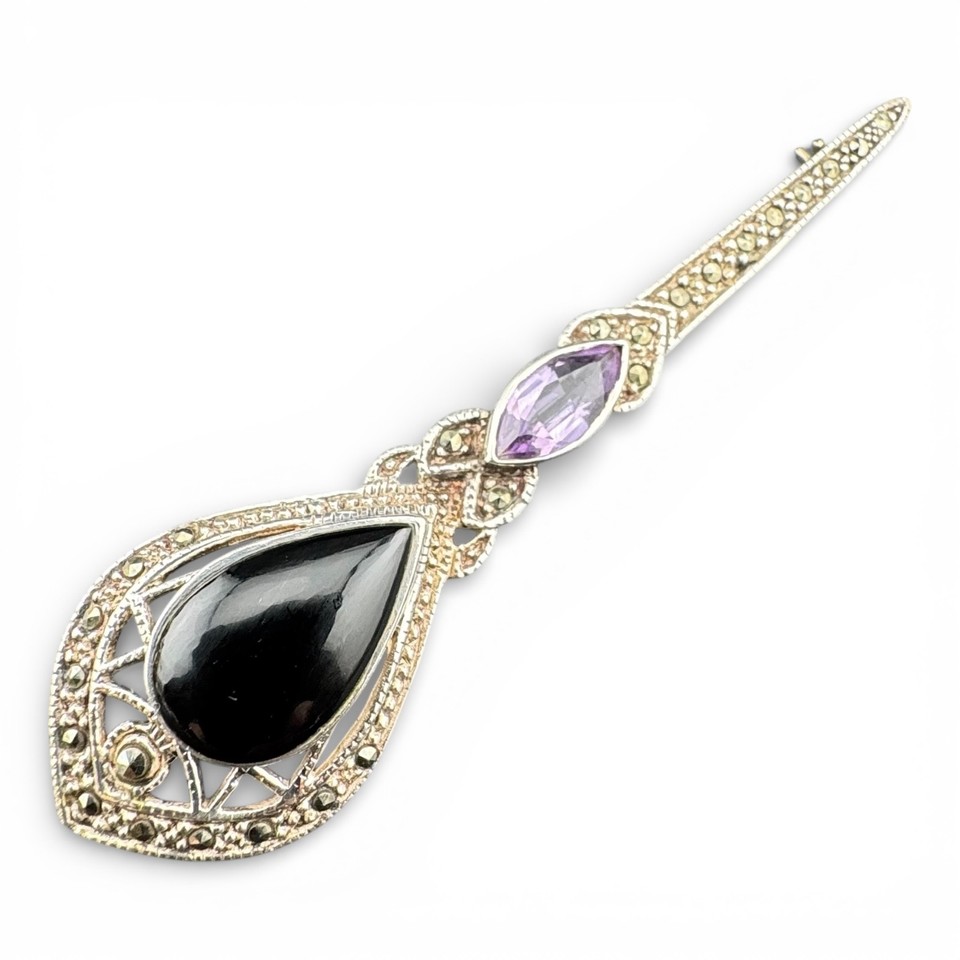 Vintage 925 Silver Onyx Amethyst And Marcasite Stone Scepter Brooch | eBay