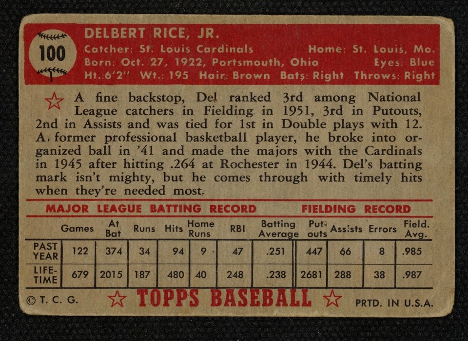 1952 Topps #100 Del Rice St. Louis Cardinals ~ GOOD | eBay