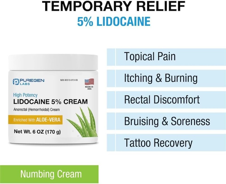 Puregen Pain Relief 5% Hemorrhoidal Cream W/Aloe Vera 6oz/170g. Exp 12/ ...