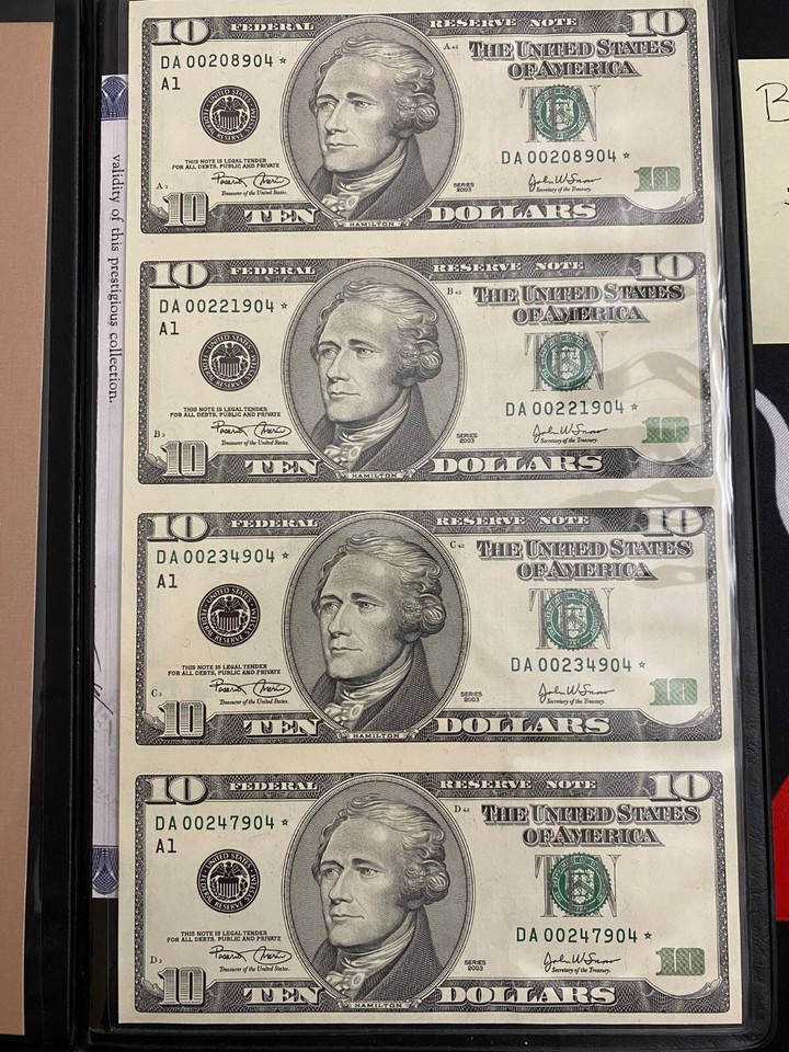 2003 World Reserve Monetary Exchange $10 Star Notes Uncut Sheet of 4 ...