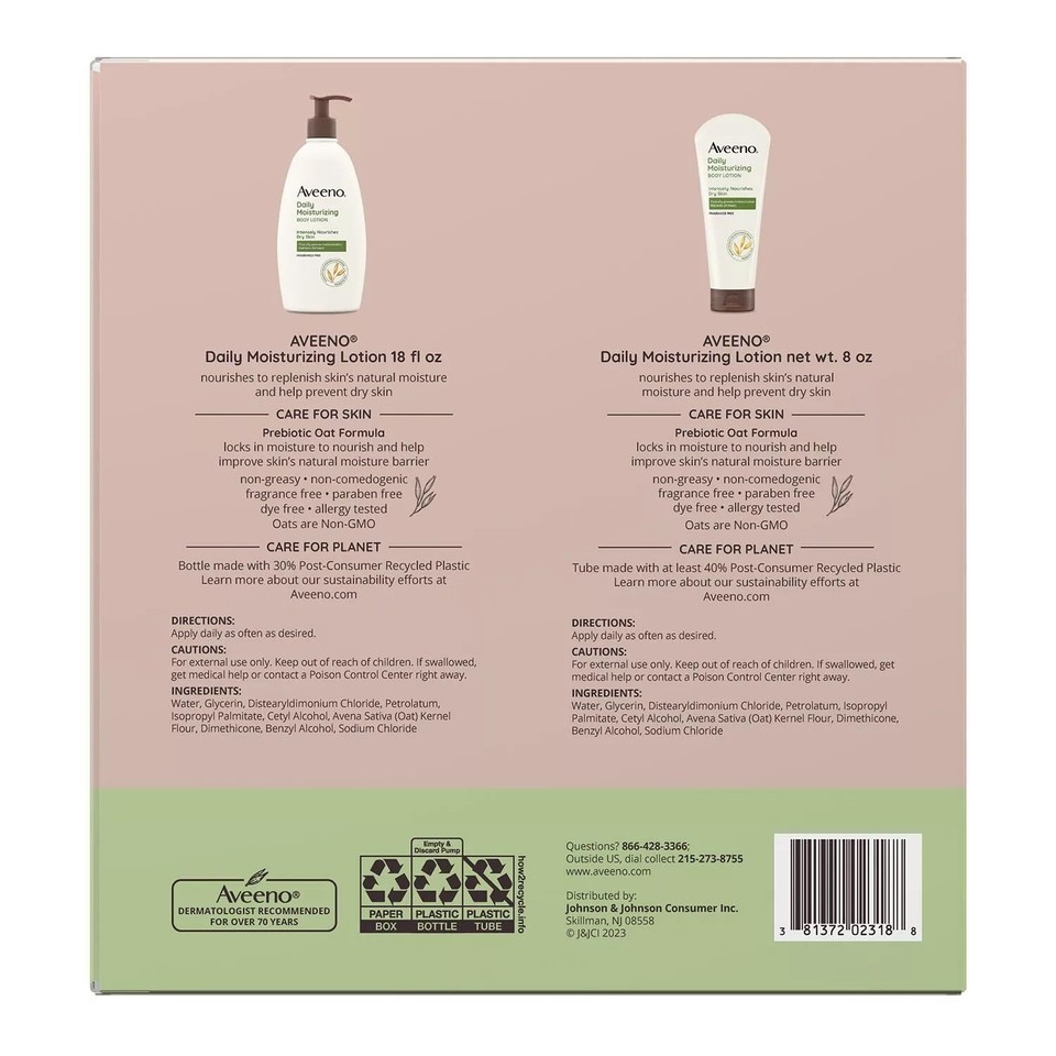Aveeno Daily Moisturizing Body Lotion (18 fl. oz., 2 pk. + 8 oz. Tube ...