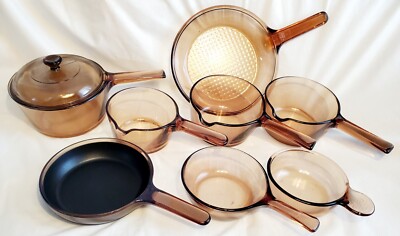 Vision WARE Corning PYREX Amber GLASS Cookware 9 Pc Set Pots Skillets ...