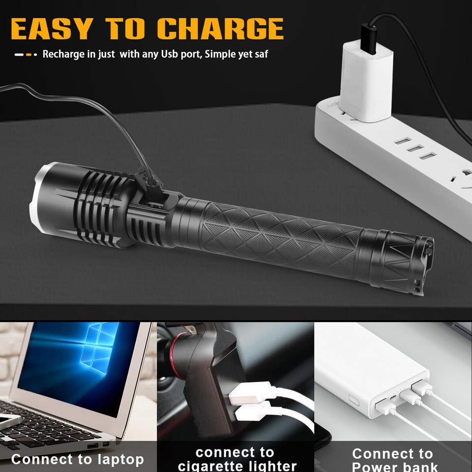 Super Bright Tactical XHP120 LED Flashlights USB Rechargeabe Torch with ...