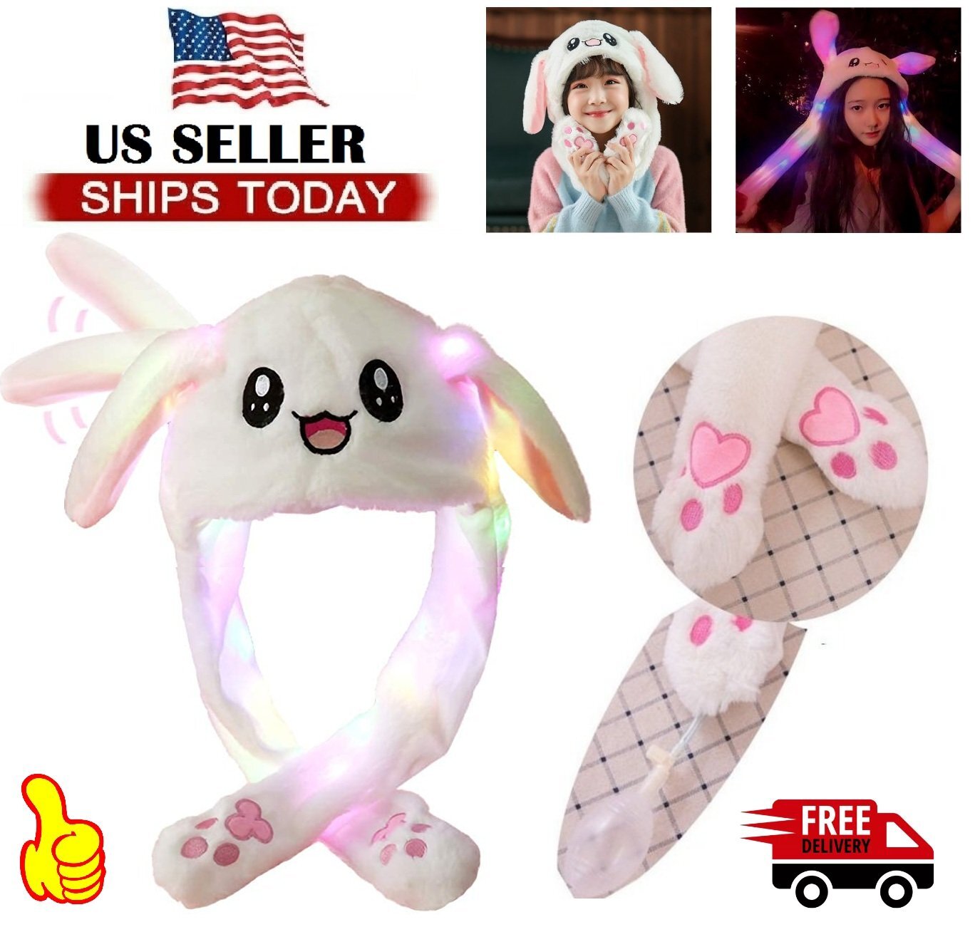 Bunny Hat Light Up Cute Plush Rabbit Hat Moving Ears With Colorful LED ...