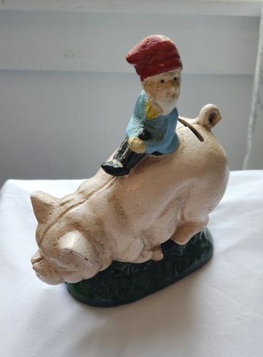 Cast Iron Gnome Elf Riding Pig Piggy Bank | eBay