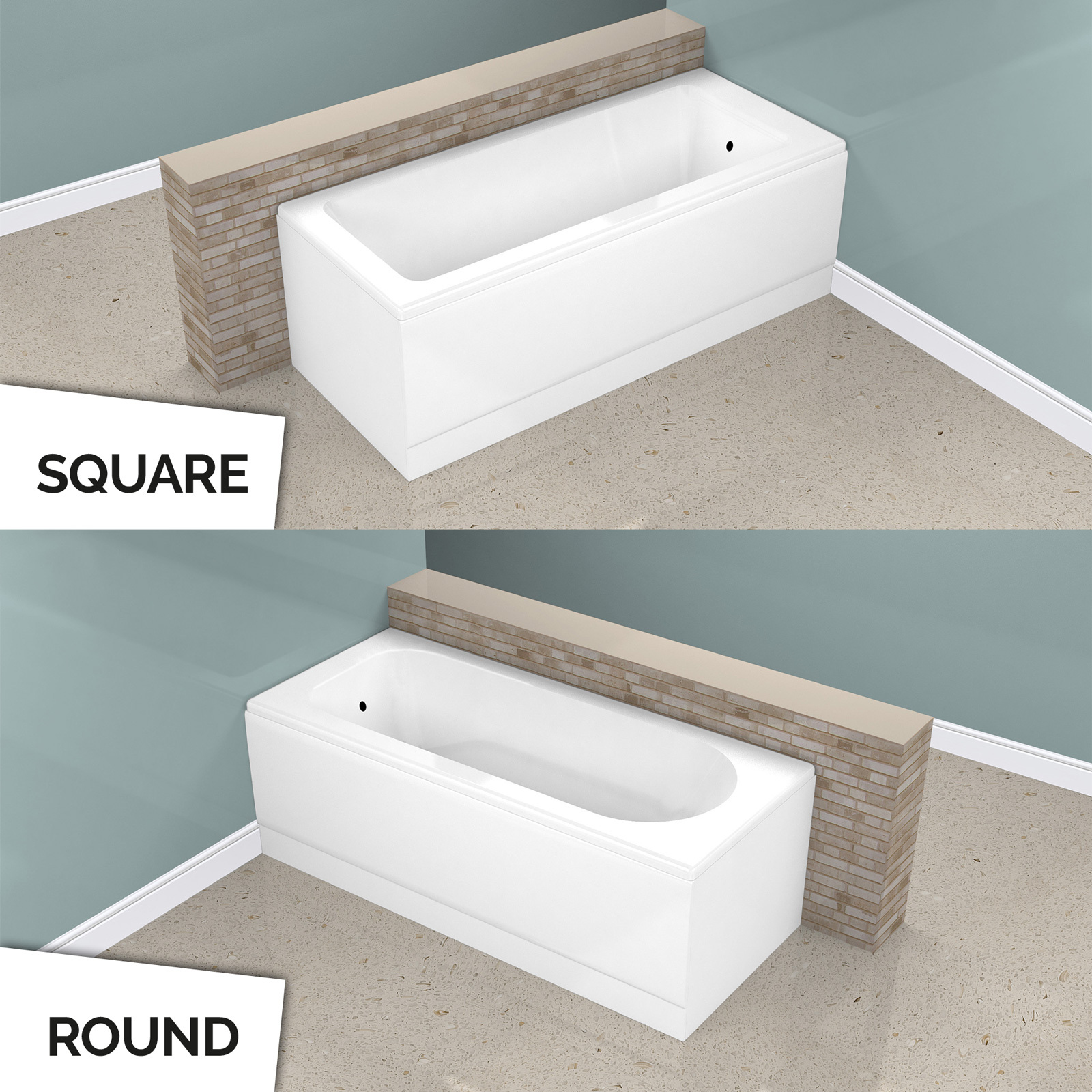 MODERN STRAIGHT SQUARE ROUND BATH BATHROOM SHOWER WHITE BATH TUB 1700MM ...