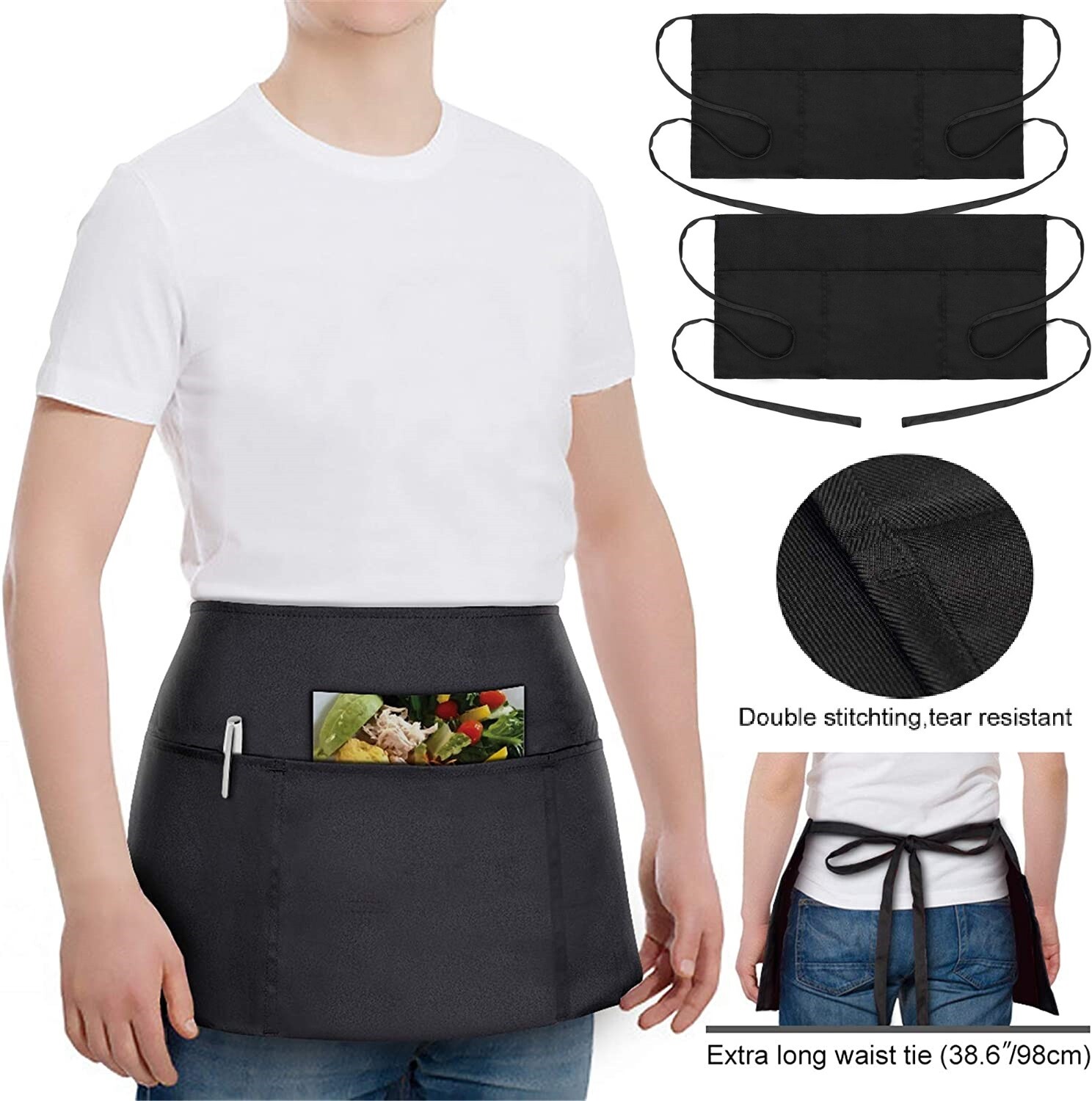 Half Bib Waist Apron 3 Pocket Resistant Waitress Waiter Barista ...
