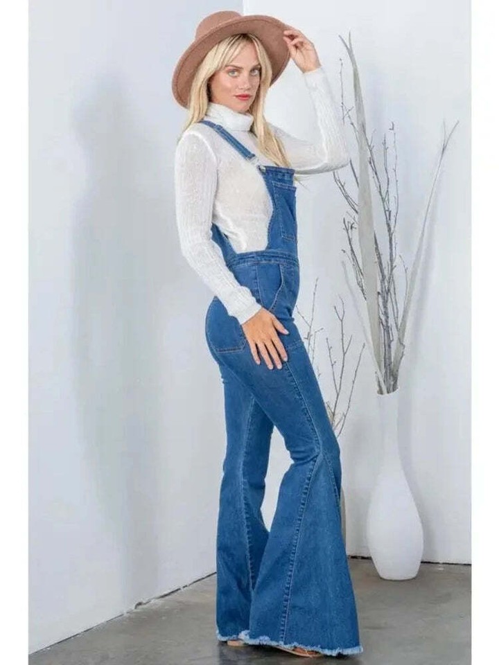 Women's Medium wash FLARE LEG DENIM BIB OVERALLS Western outfit Sizes S ...