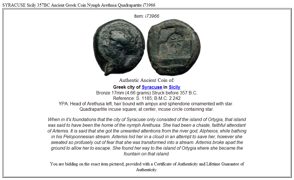 SYRACUSE Sicily 357BC Ancient Greek Coin Nymph Arethusa Quadrapartite ...