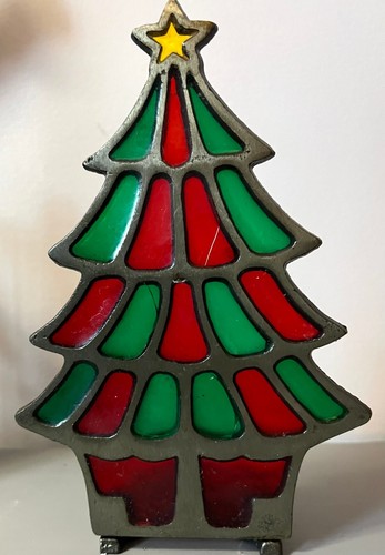 Christmas Tree Faux Stained Glass with Cast Iron Votive Candle Holder ...