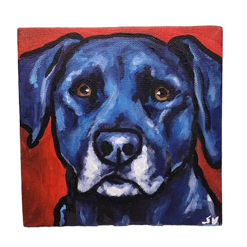 Black Lab Labrador Painting Old Dog 6” Blue Red Signed Seann Vicente ...