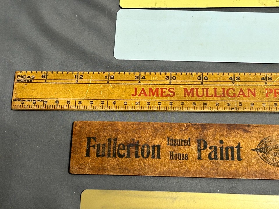 Lot 6 vtg RULERS 14" Advertising METAL WOOD Machinery JAMES MULLIGAN 18 ...