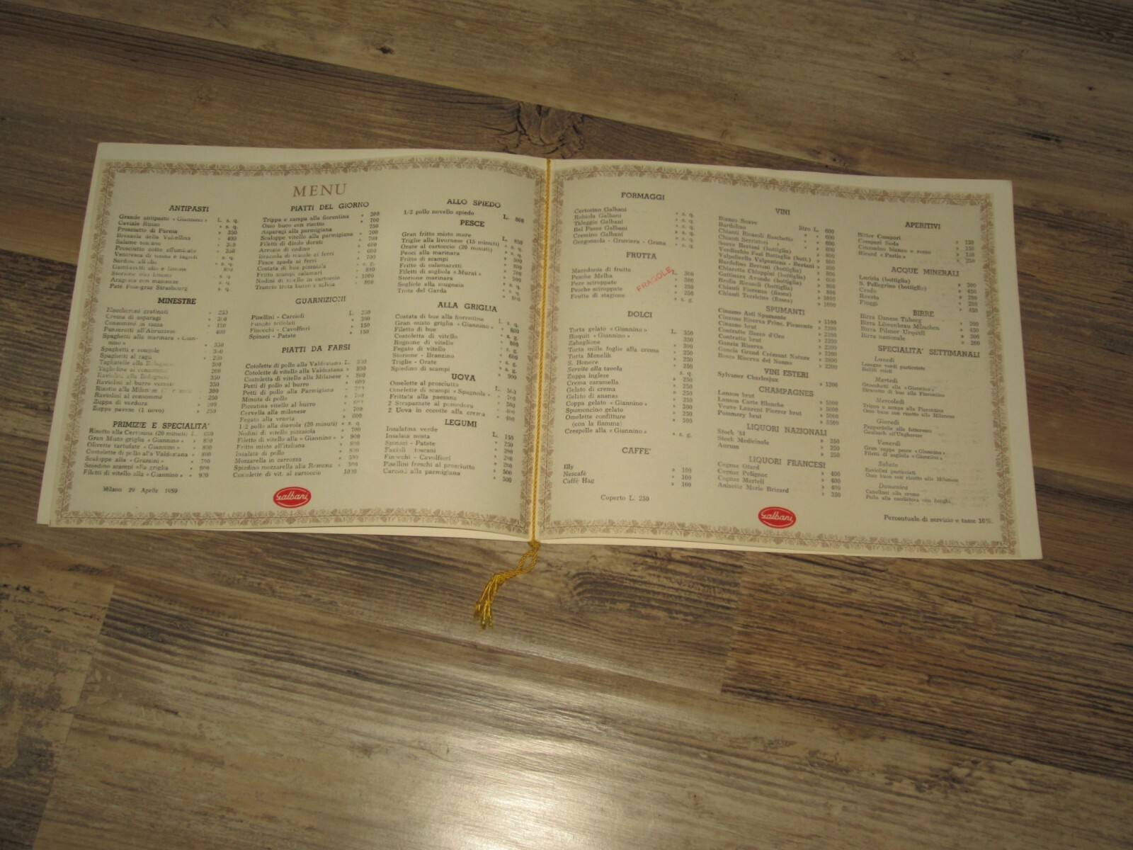 VINTAGE ITALIAN MENU 1959 GIANNINO-MILANO WRITTEN IN ITALIAN | eBay