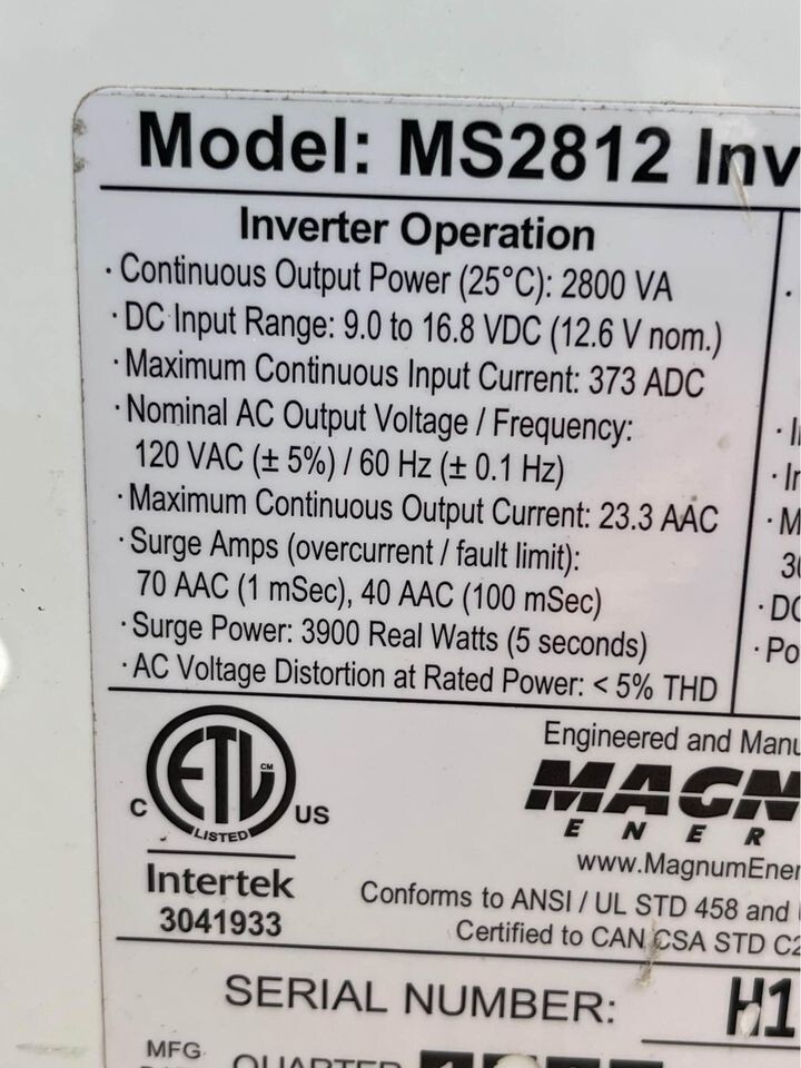 Magnum Energy 2800W 12VDC Pure Sine Inverter Charger MS Series (MS2812 ...