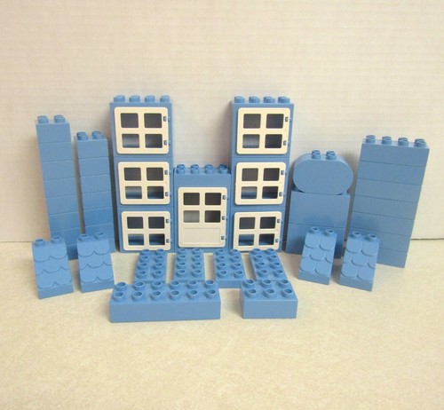 Lego DUPLO 35 Medium Blue Bricks 2x2 2x4 Shingled Roof Pieces Door & 6 ...