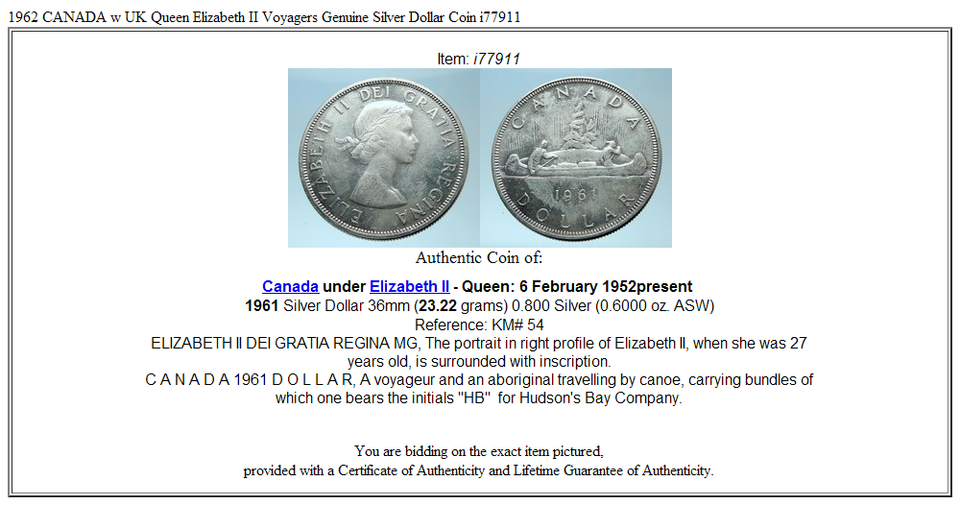 1961 CANADA w UK Queen Elizabeth II Voyagers Genuine Silver Dollar Coin ...
