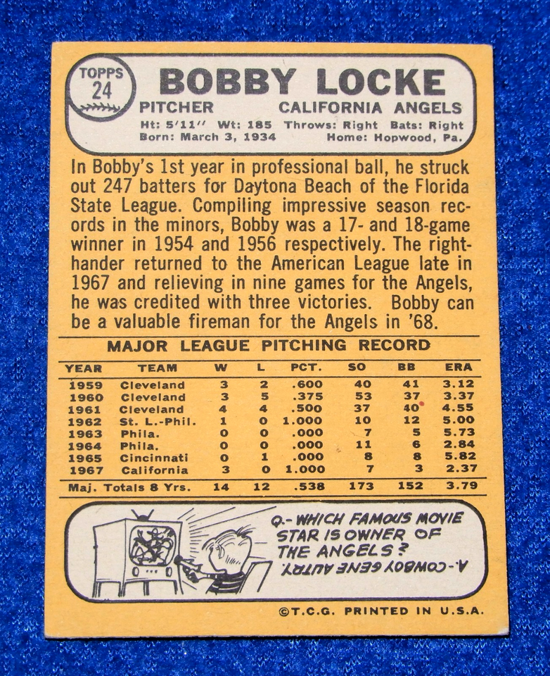 Bobby Locke * 1968 Topps Baseball #24 🏹 California Angels 🏹 | eBay