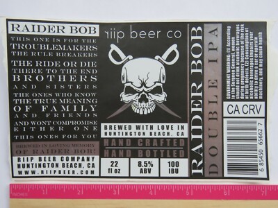 Beer Brewery Label STICKER ~ RIIP Beer Co Raider Bob Double IPA ...
