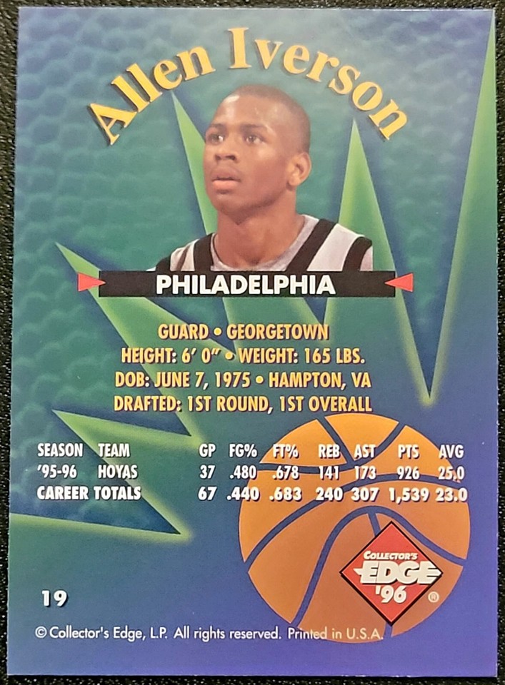 1996 Collector's Edge ALLEN IVERSON Rookie Rage #19 NBA Philadelphia ...