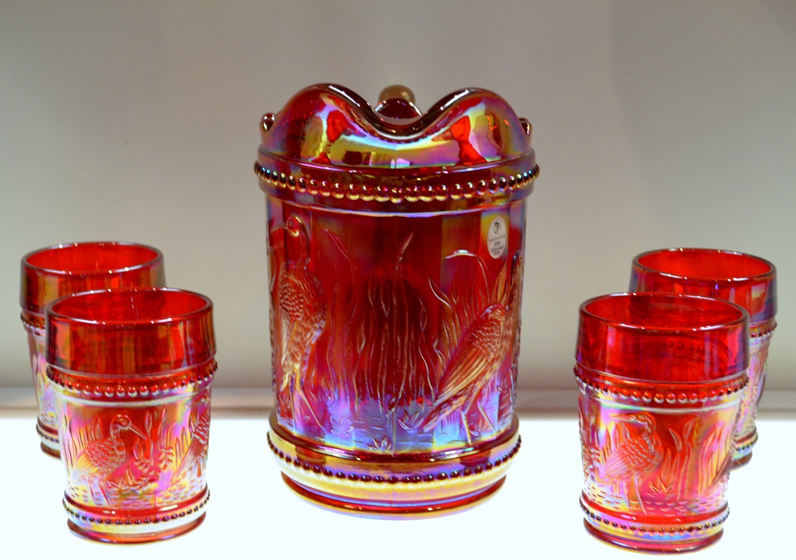 FENTON WATER SET RUBY RED CARNIVAL Stork & Rushes 5501RN nib ...